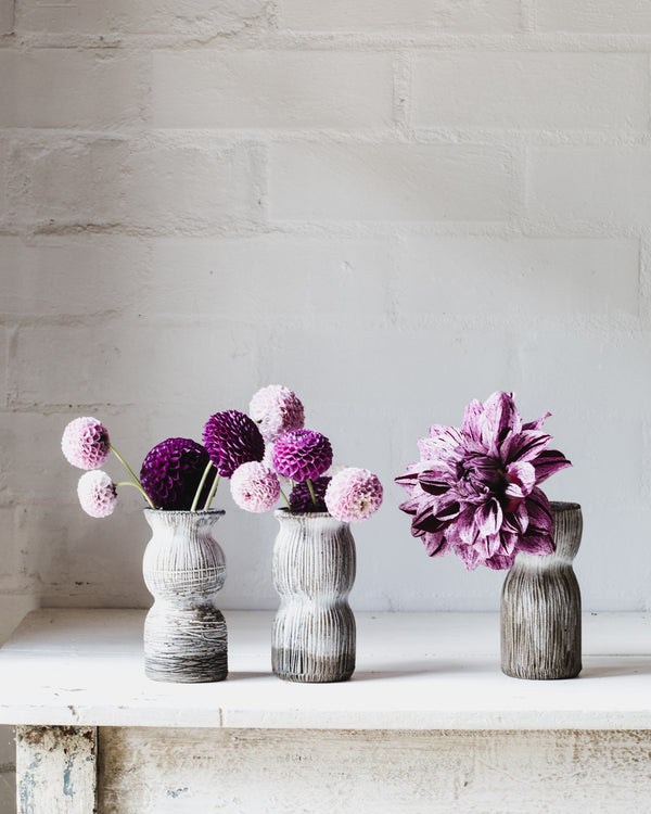 Small rustic textured line vases - Clay Beehive