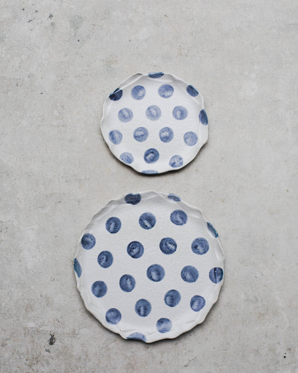 Blue spot cake plates (seconds) - Clay Beehive