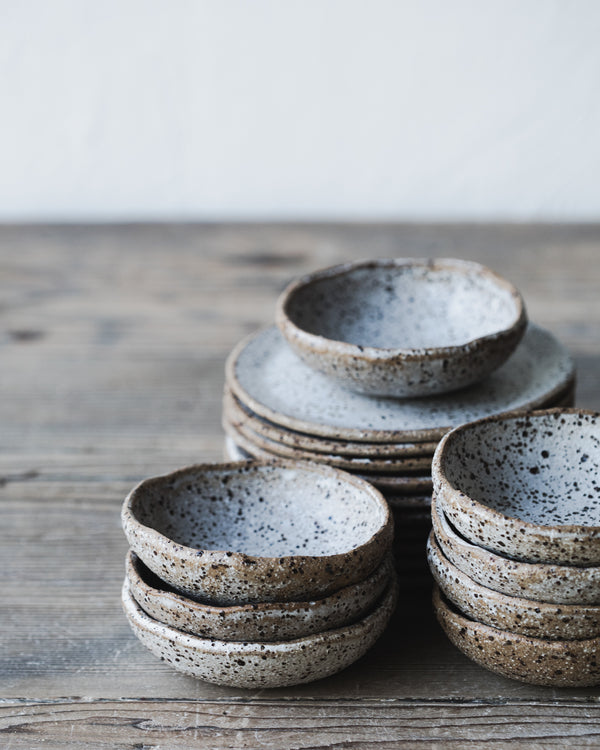 Small Speckled white rustic bowl + plate sets - Clay Beehive