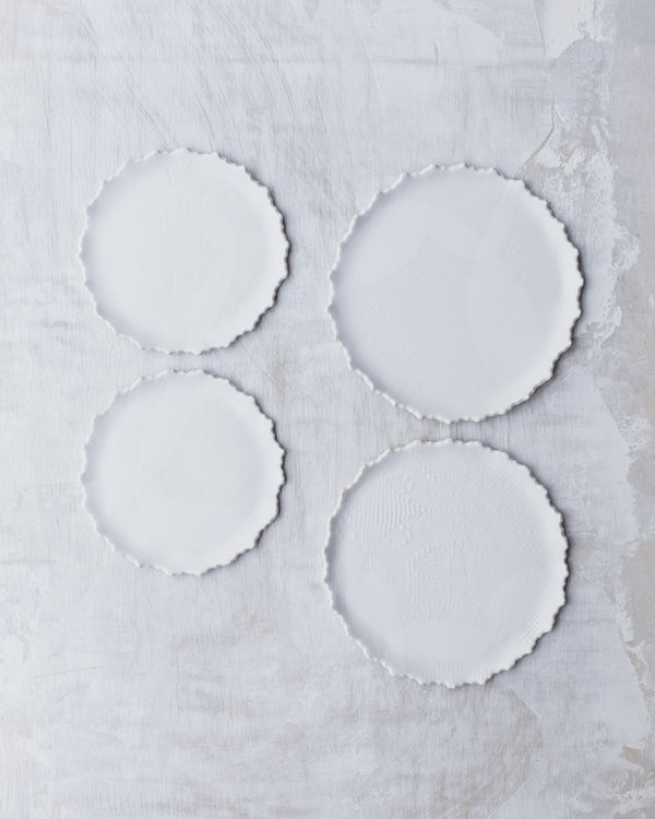 satin white plates with textured rims - Clay Beehive