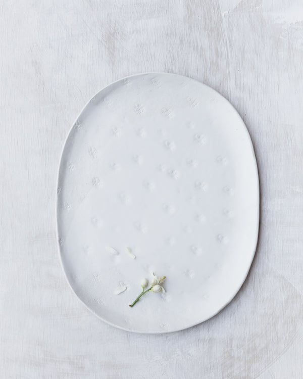 Satin white Oval Plate with dimpled texture - Clay Beehive