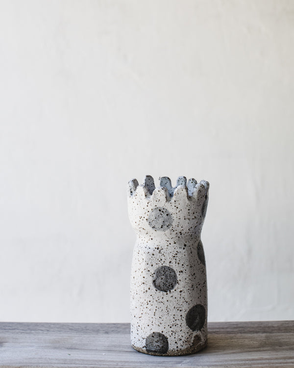 Rustic polka dot scallop rim vase - Clay Beehive